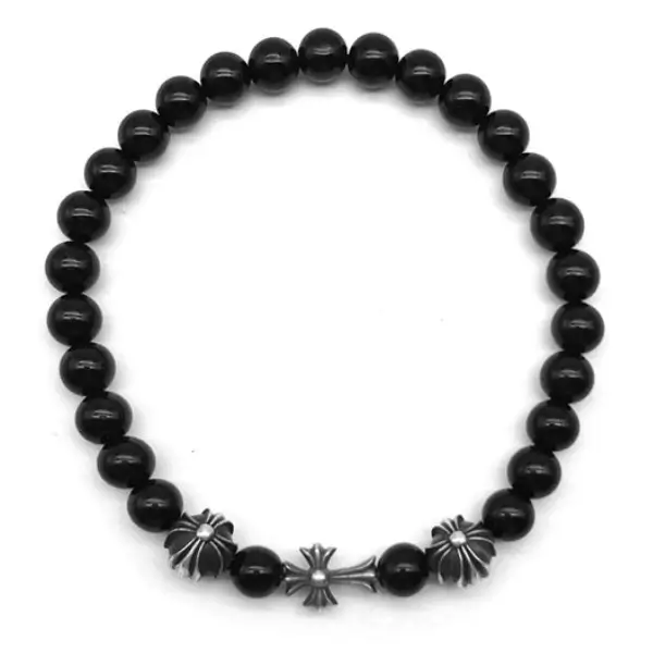 Chrome Hearts 6mm Black Obsidian 3 Silver Cross Bracelet - Chrome Hearts